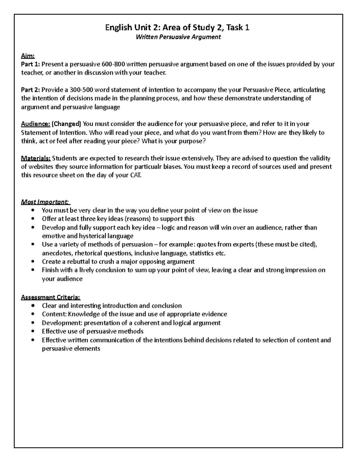 Persuasive writing task sheet 2022 - English Unit 2: Area of Study 2 ...