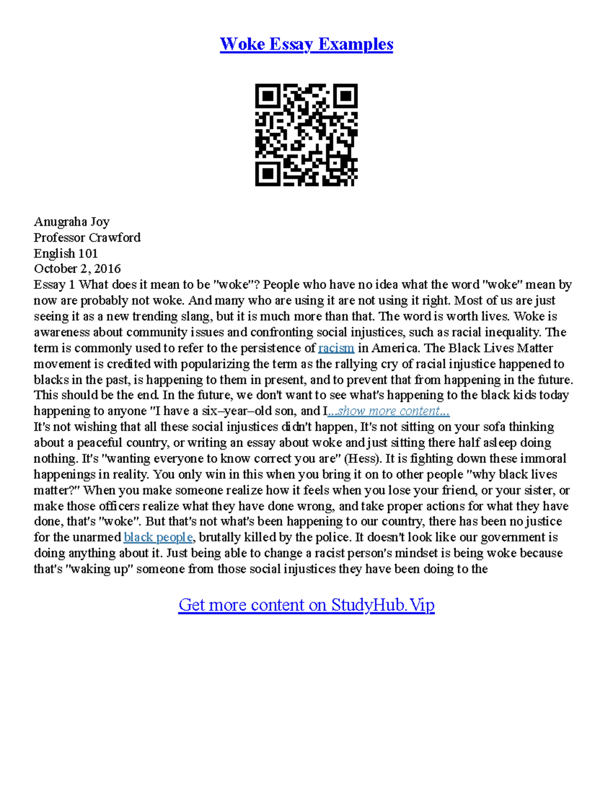 Essay Generator - Woke Essay Examples Anugraha Joy Professor Crawford ...