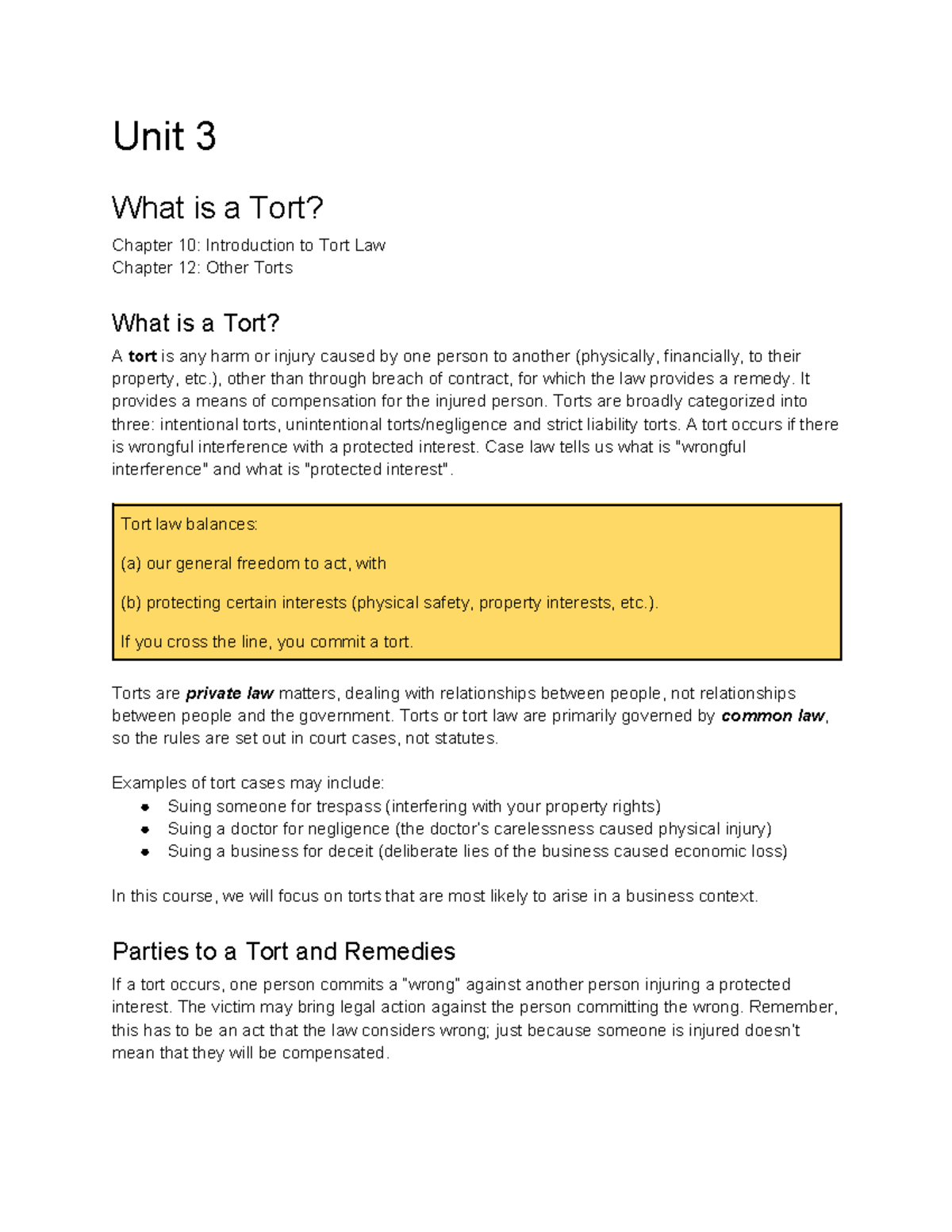 Law Unit 3 - Law Unit 3 - Unit 3 What is a Tort? Chapter 10 ...
