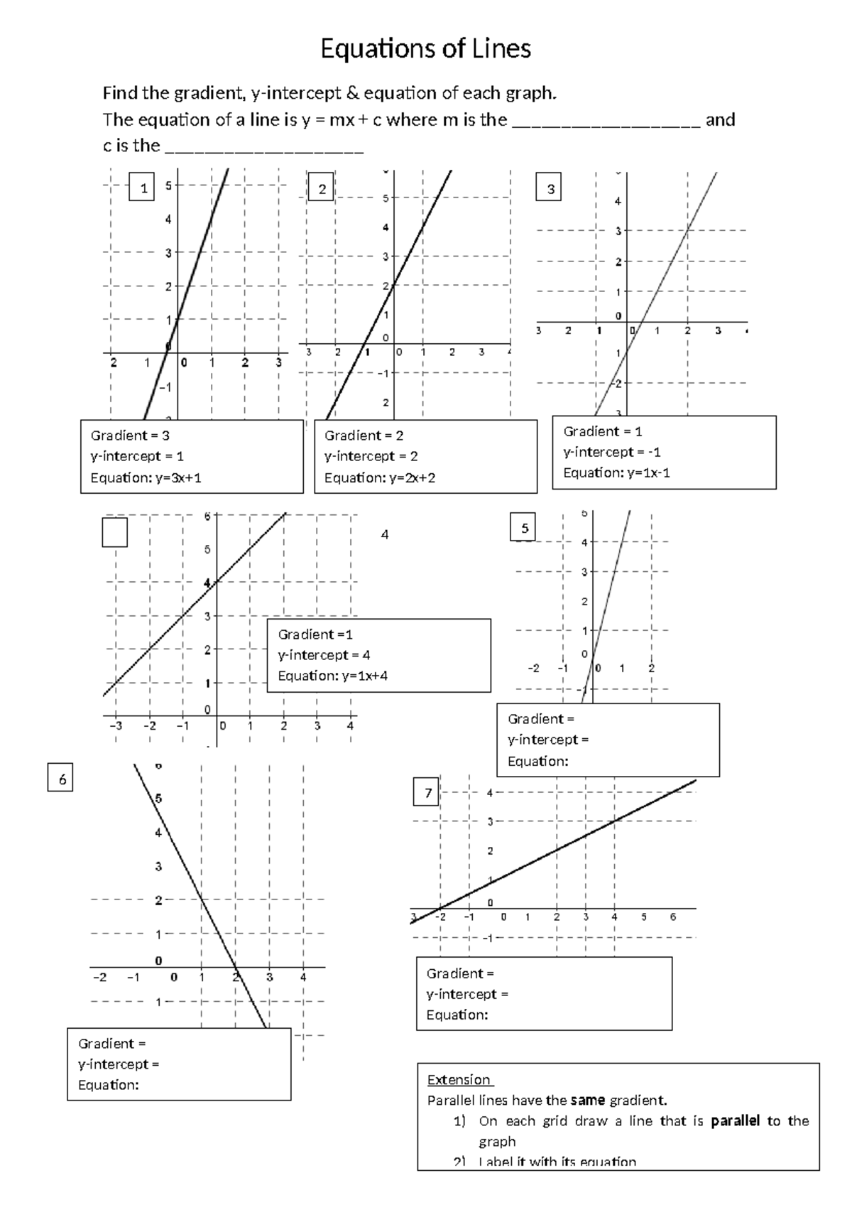Print - practice questions - Equations of Lines Find the gradient, y ...
