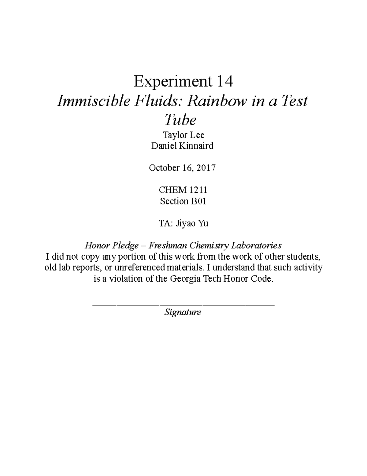 Experiment 14 - This is a lab report. - Experiment 14 Immiscible Fluids ...