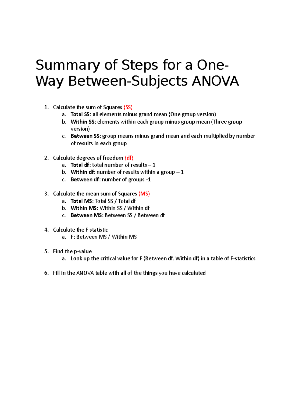 One Way between subjects Anova - Summary of Steps for a One- Way ...