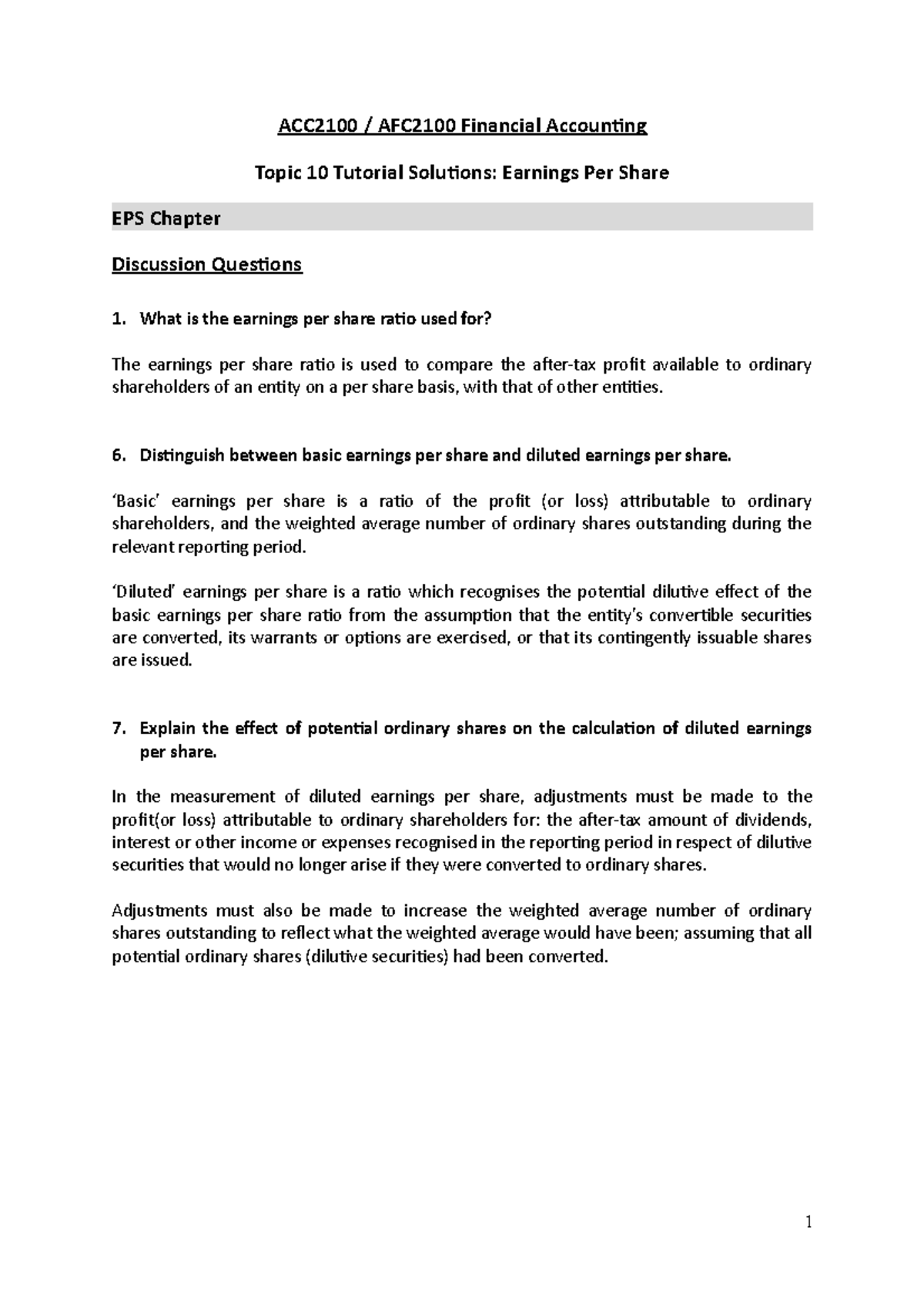 ACC-ACF2100 Topic 10 Tutorial Solutions - ACC2100 / AFC2100 Financial ...