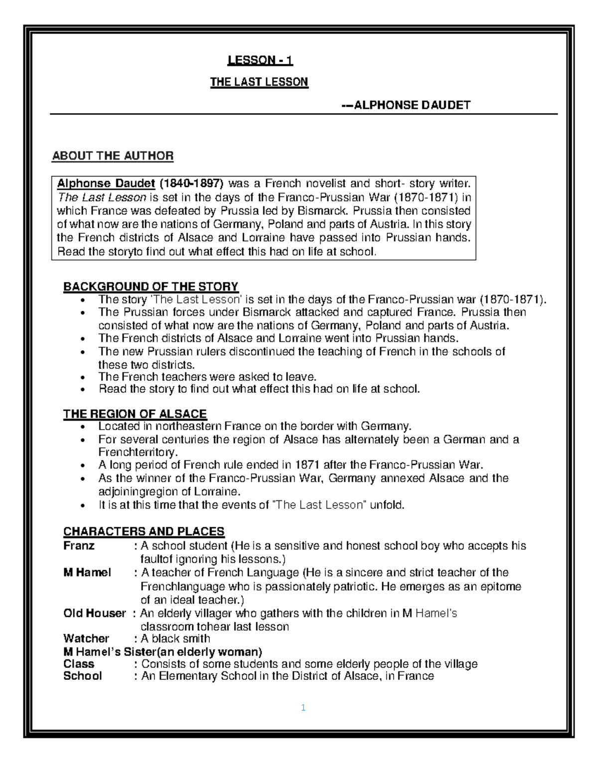 THE LAST Lesson 12th grade - LESSON - 1 THE LAST LESSON -ALPHONSE ...