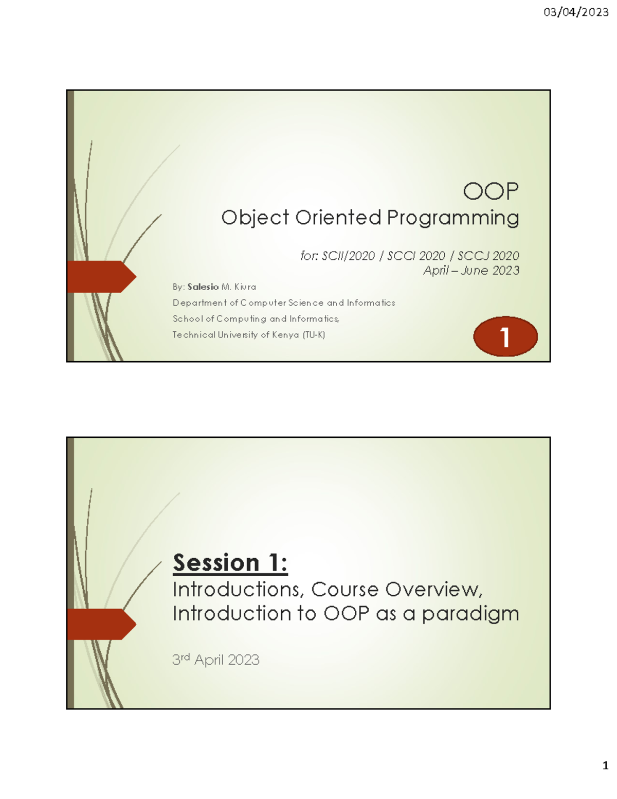 1 introductions course overview OOP as a Paradigm 2 - object oriented ...