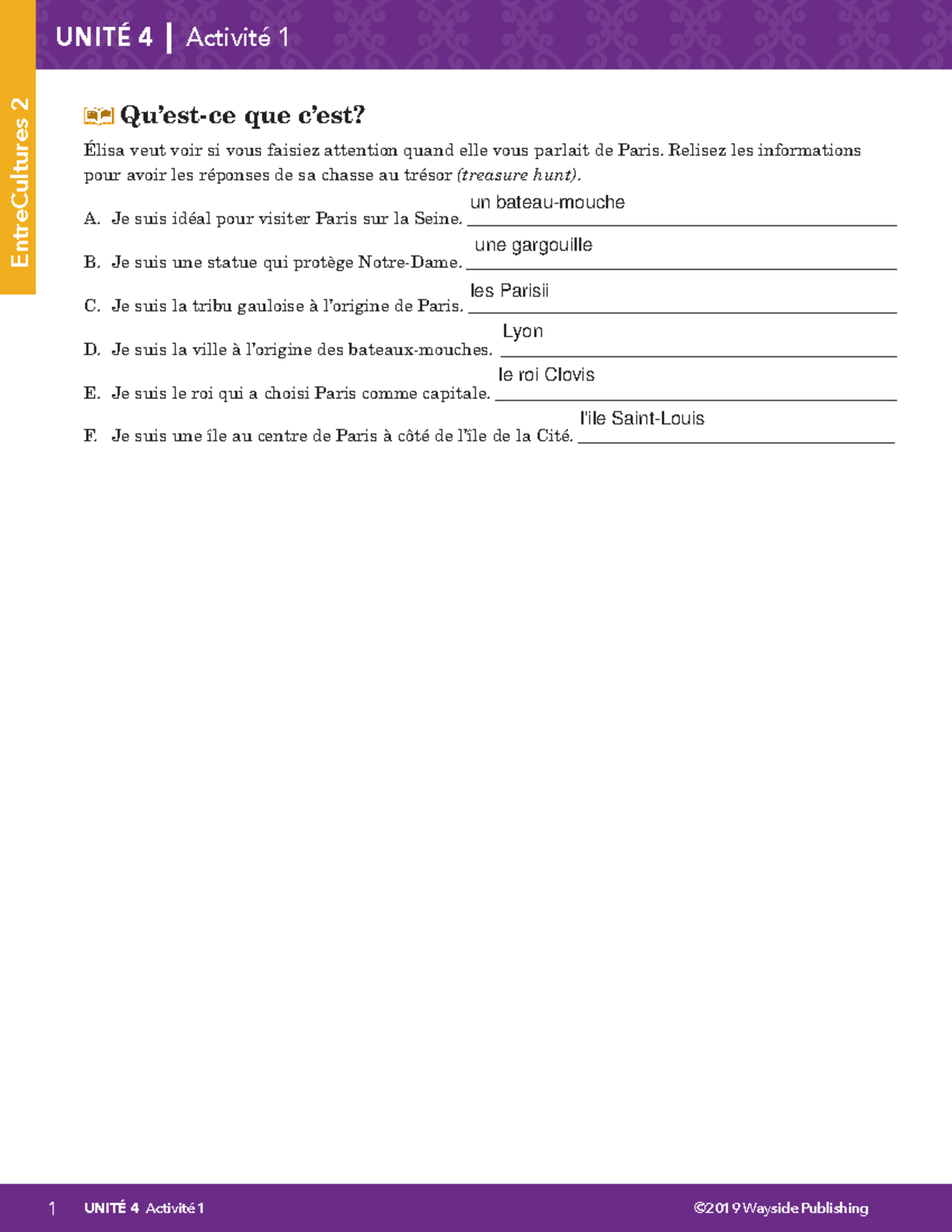 French Worksheet - EntreCultures 2 UNITÉ 4 | Activité 1 1 UNITÉ 4 ...