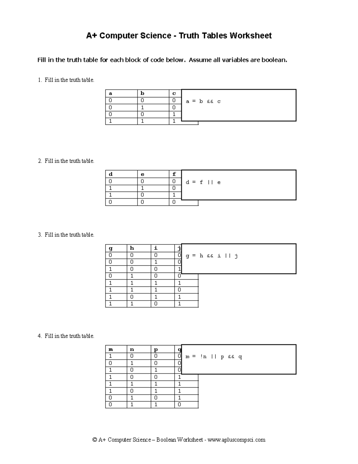 Truthtables worksheet 1 java aplus - © A+ Computer Science – Boolean Worksheet - apluscompsci A+ ...