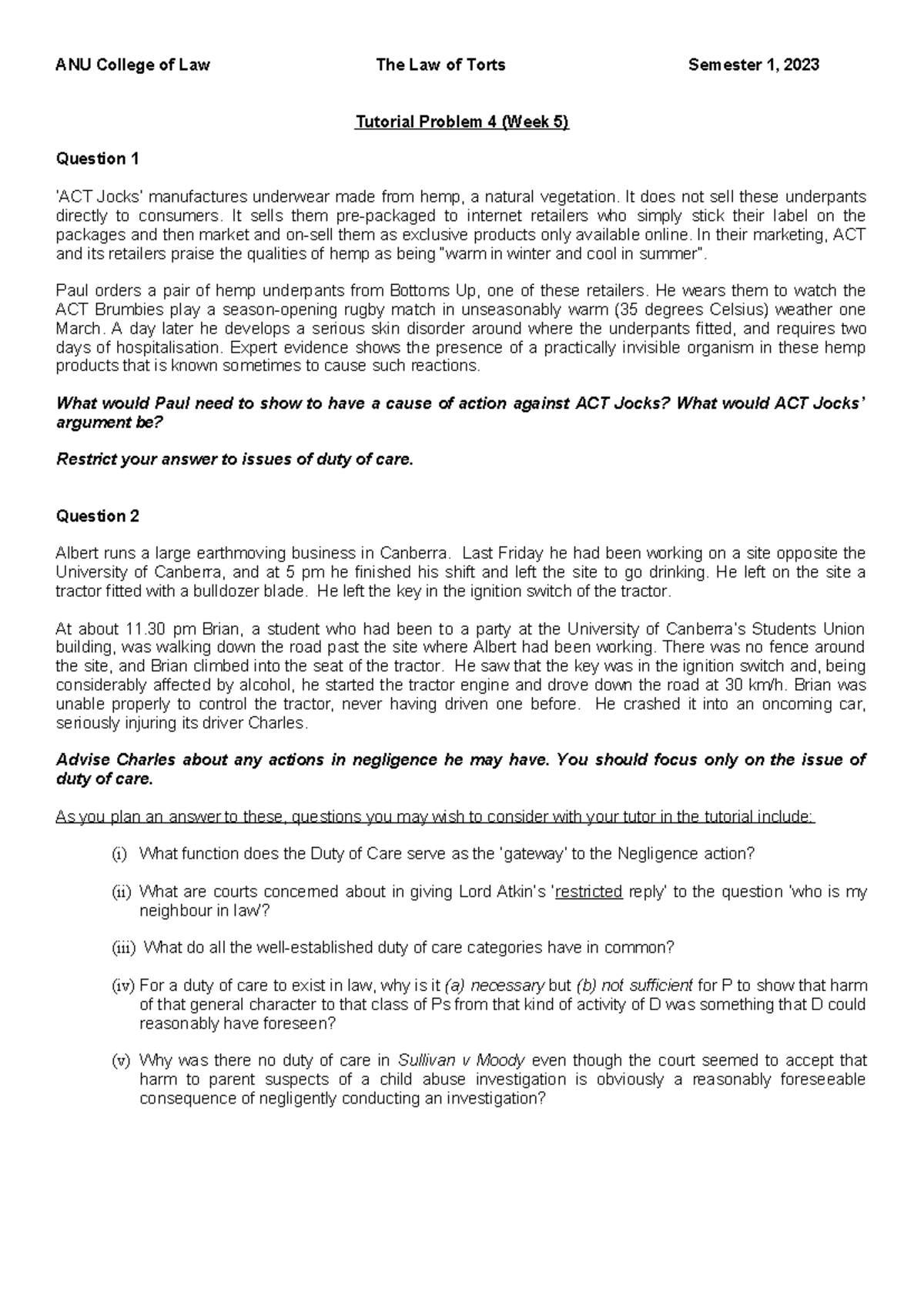 2024 Torts Tutorial 4 (Week 5) - ANU College of Law The Law of Torts ... 2024 Torts Tutorial 4 (Week 5) - ANU College of Law The Law of Torts ...