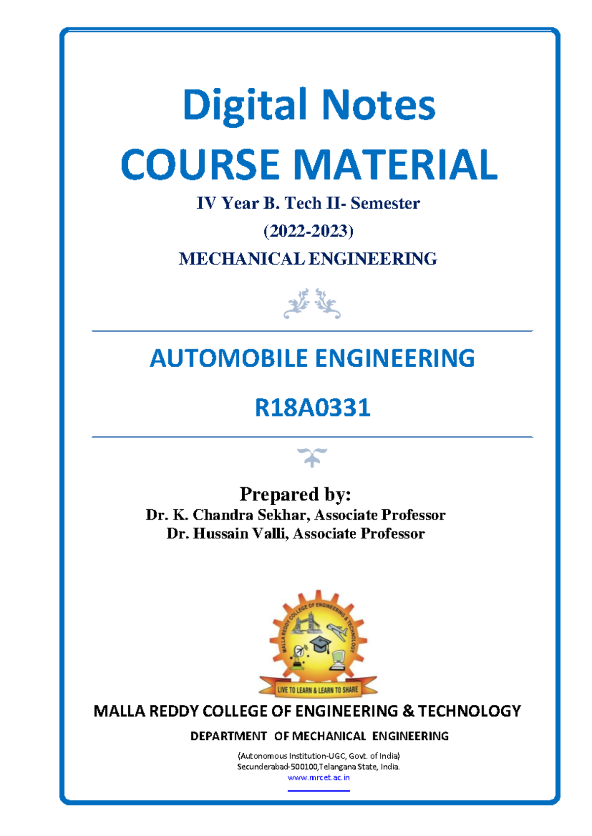 Automobile Engineering - AUTOMOBILE ENGINEERING R18A Digital Notes ...