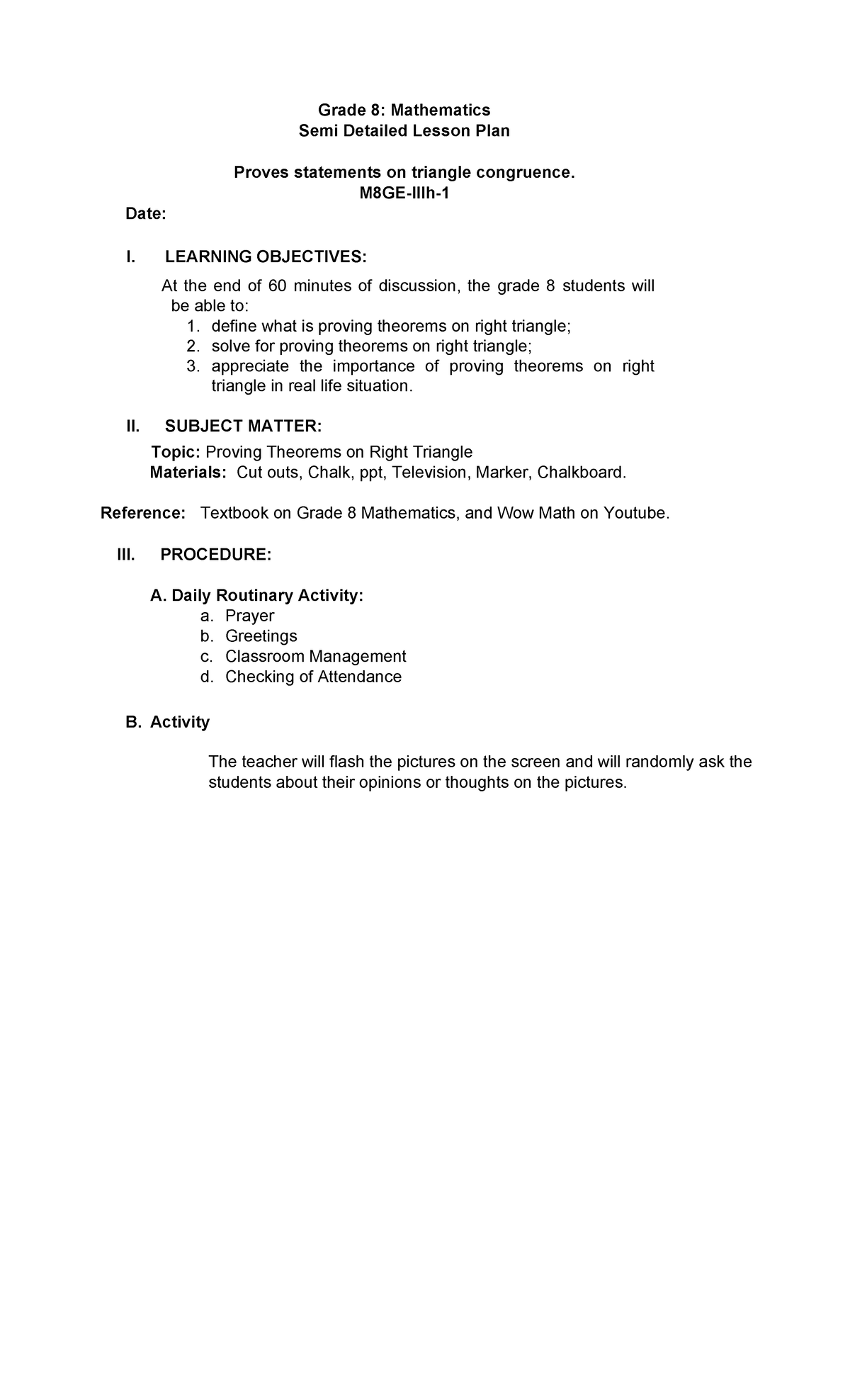 Proving theorems on right right triangle lp - Grade 8: Mathematics Semi ...