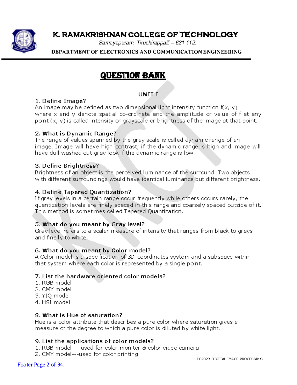 Question-bank for dip - EC2029 DIGITAL IMAGE PROCESSING K. RAMAKRISHNAN COLLEGE OF technology ...