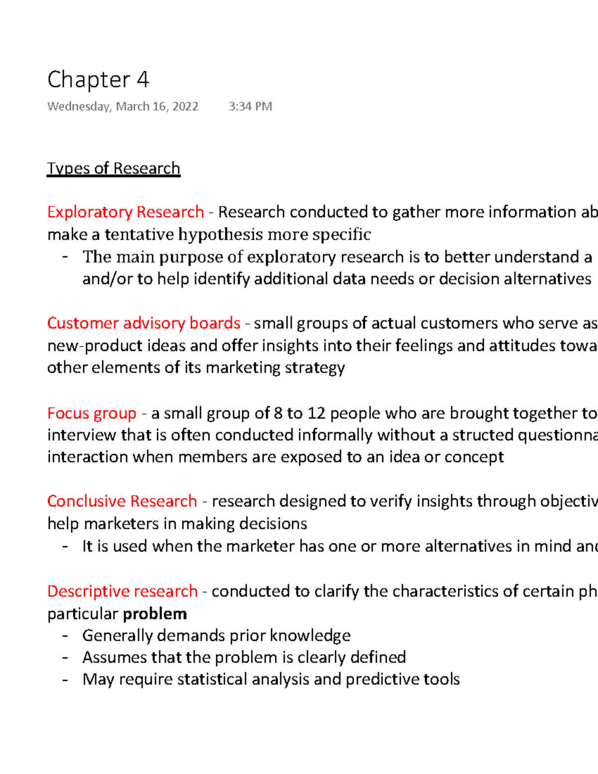 Chapter 4 Notes - Types of Research Exploratory Research - Research ...