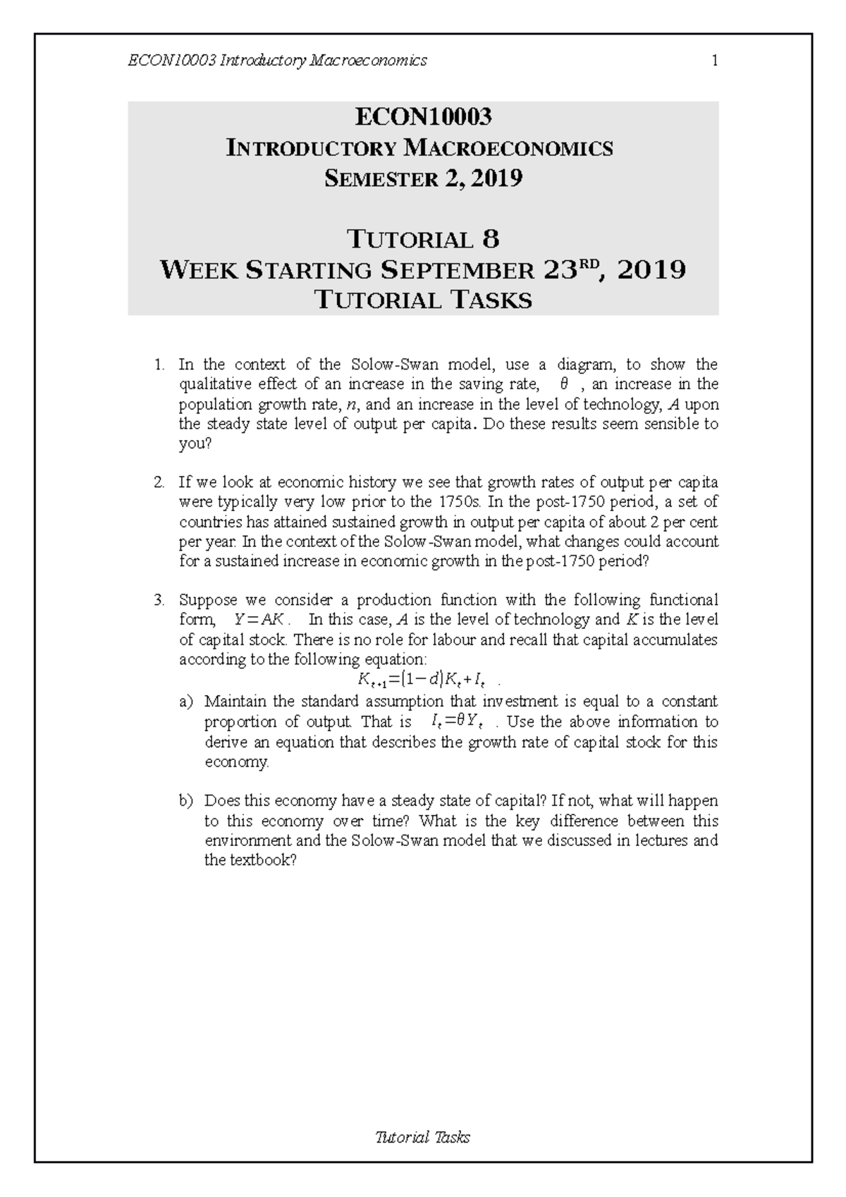 T8 Intutorial 2019 - Econ10003 - ECON10003 Introductory Macroeconomics ECON INTRODUCTORY - Studocu