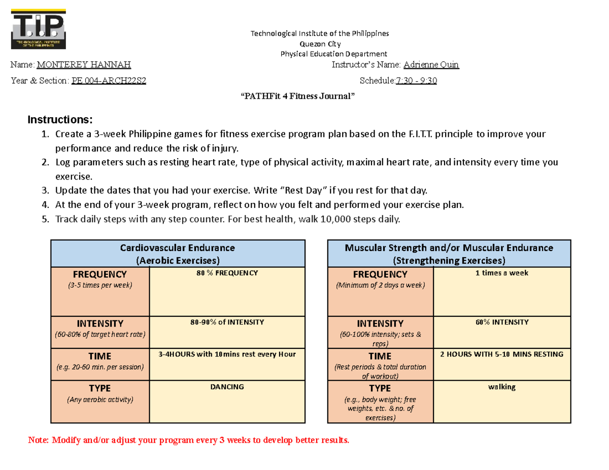 PE004 PGFF Fitness Journal Log Form16 - Quezon City Physical Education Department Name: MONTEREY ...