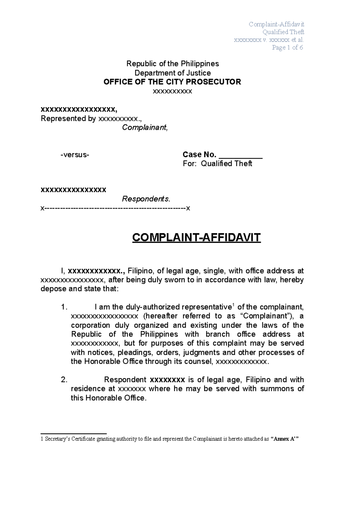 Complaint affidavit qt - Complaint-Affidavit Qualified Theft xxxxxxxx v ...