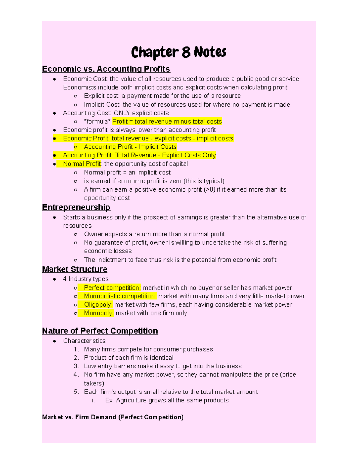 Chapter 8 Notes - Chapter 8 Notes Economic vs. Accounting Profits ...