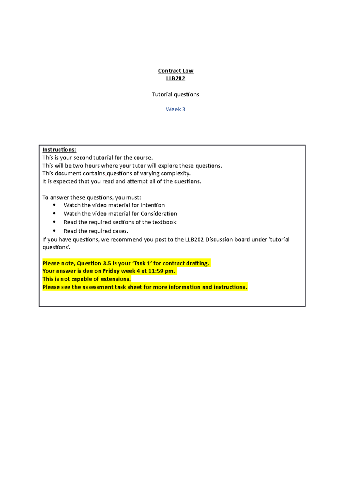 LLB202 W3 Tutorial Questions-1 - Contract Law LLB Tutorial questions Week 3 Instructions: This ...