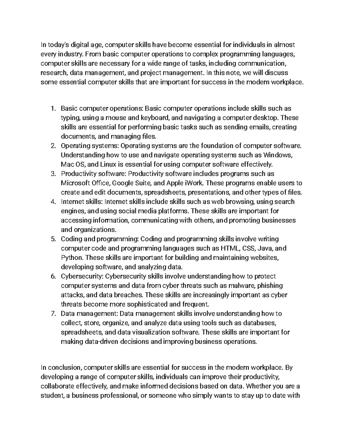 Computer skills comp 1 - In today's digital age, computer skills have ...