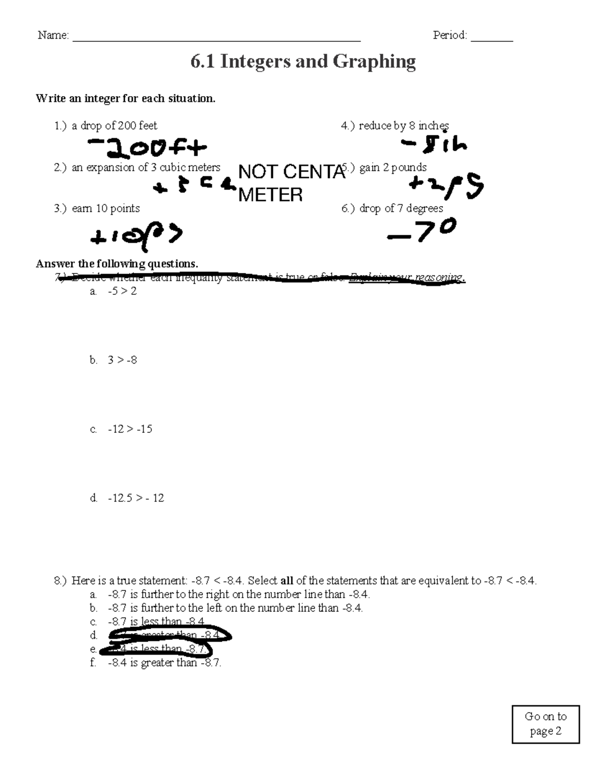 6.1 Integers & Graphing - 6 Integers and Graphing Write an integer for ...