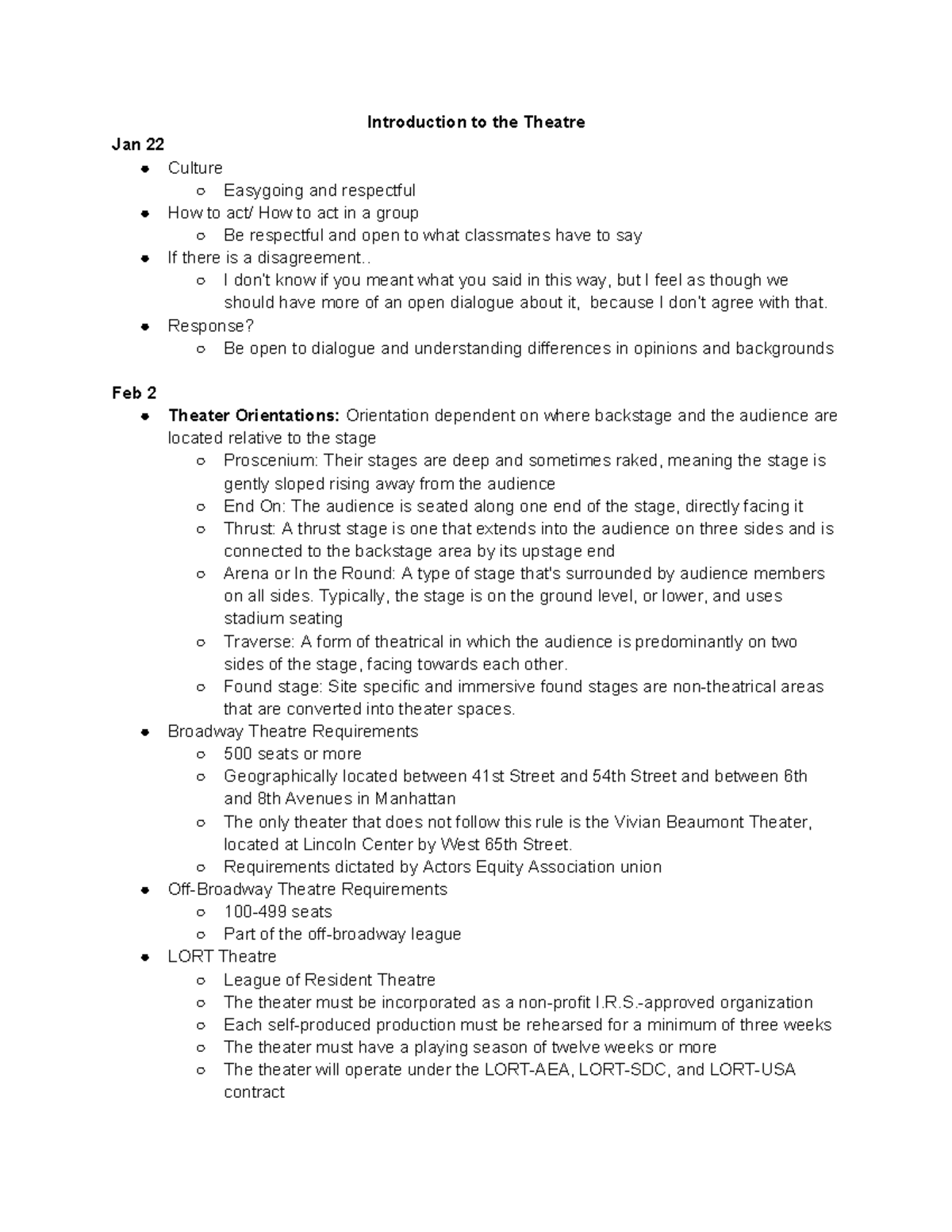 Class Notes - Introduction to the Theatre Jan 22 Culture Easygoing and ...
