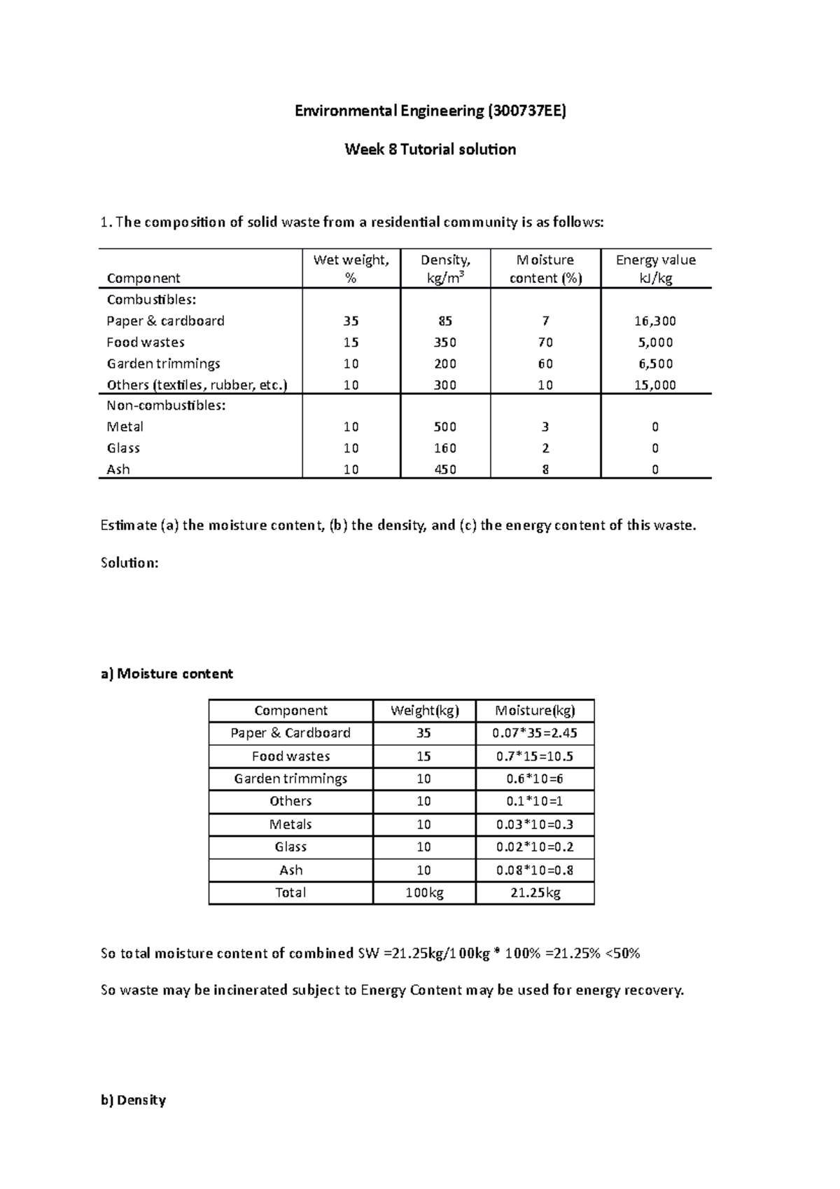 Tutorial week 8-solution - Environmental Engineering (300737EE) Week 8 Tutorial solution 1. The ...