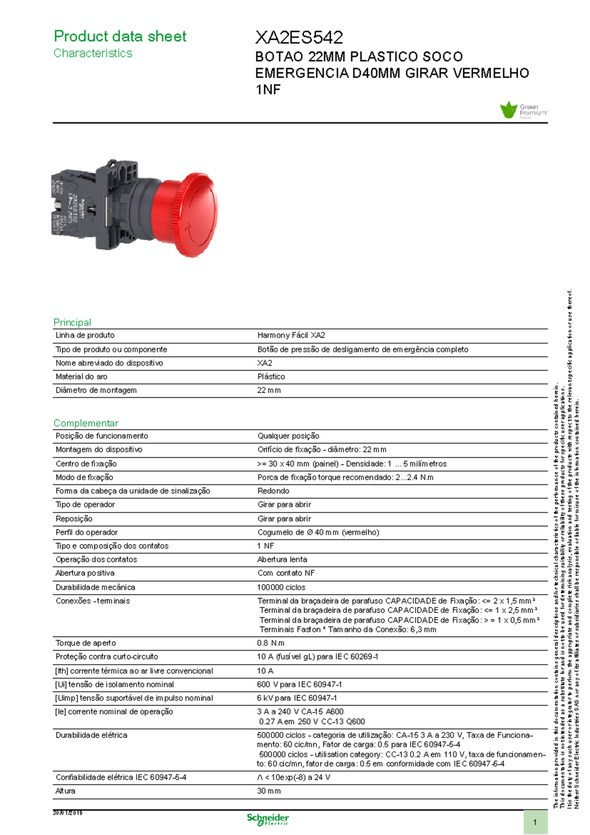 Botão Emergência - botao - Product data sheet Characteristics XA2ES ...