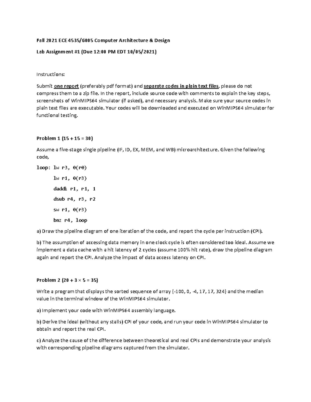 Lab Assignment - WinMips64 Simulator - Tasks - Fall 2021 ECE 4535/6005 ...