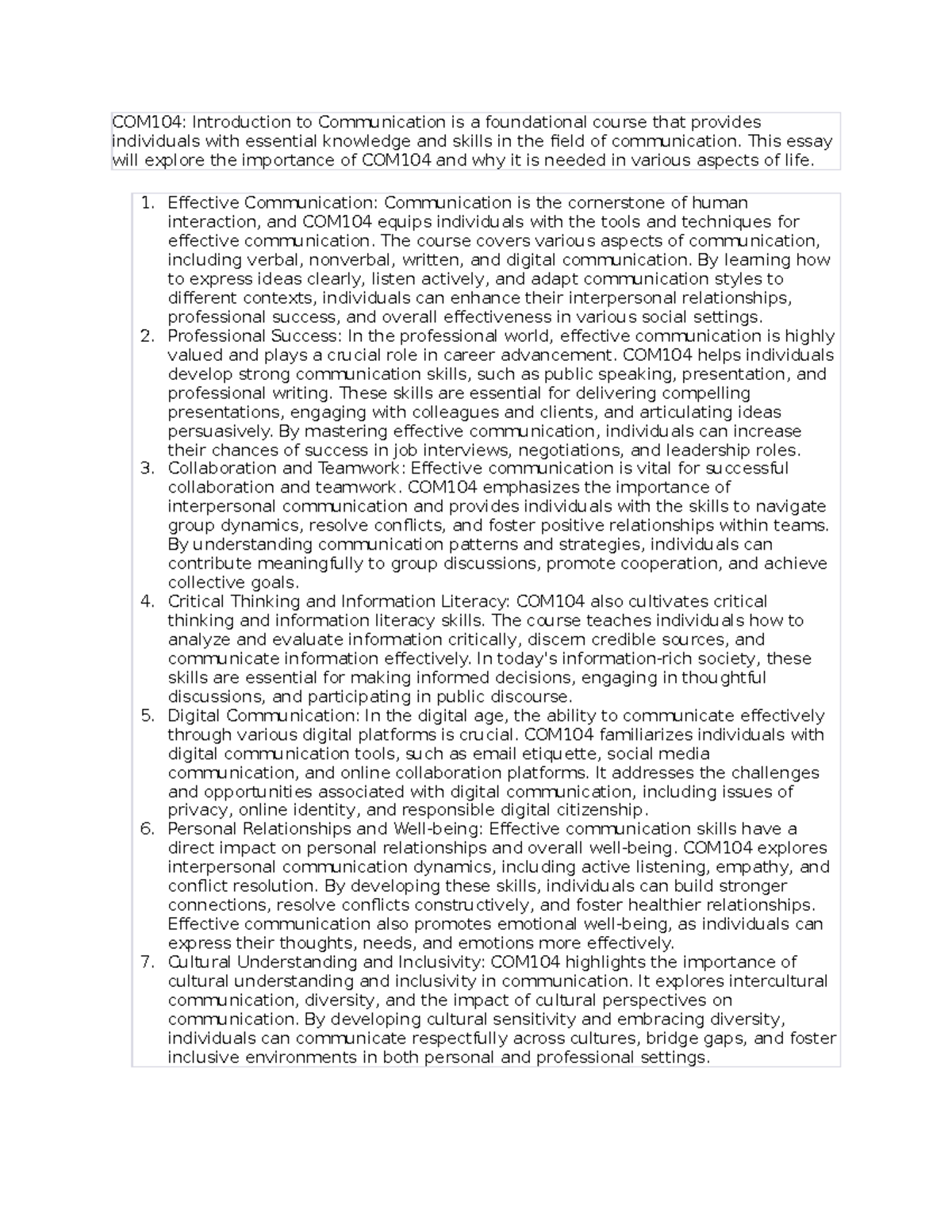 COM104 Louisa A1 - for practise - COM104: Introduction to Communication is a foundational course ...