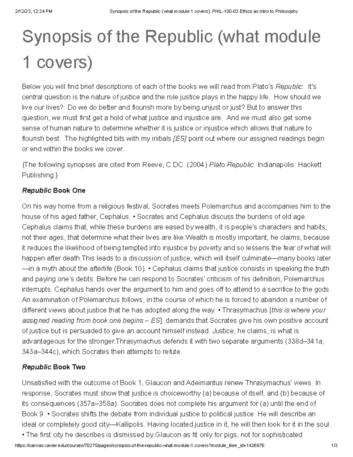 Synopsis of the Republic (what module 1 covers) PHIL-100-03 Ethics as ...