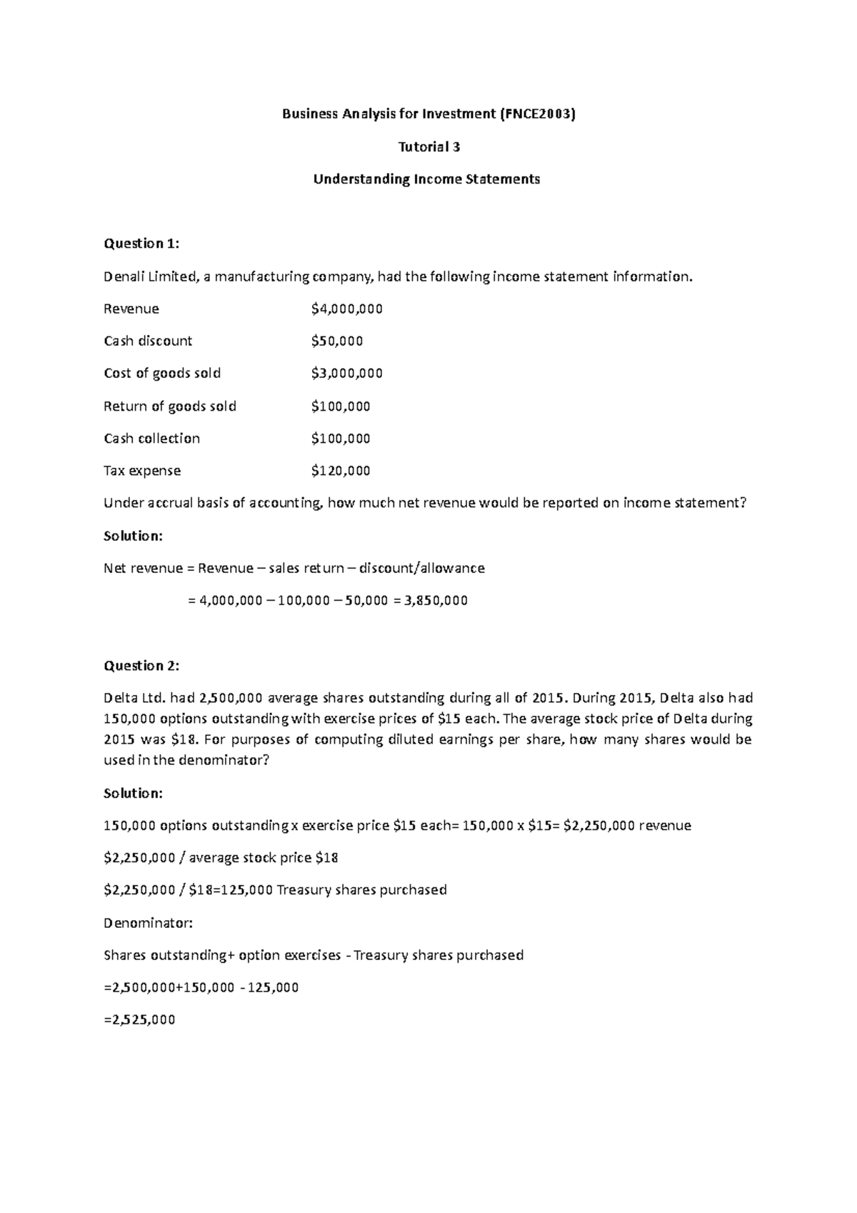 Tutorial Solution Module 3 - Business Analysis for Investment (FNCE2003) Tutorial 3 ...