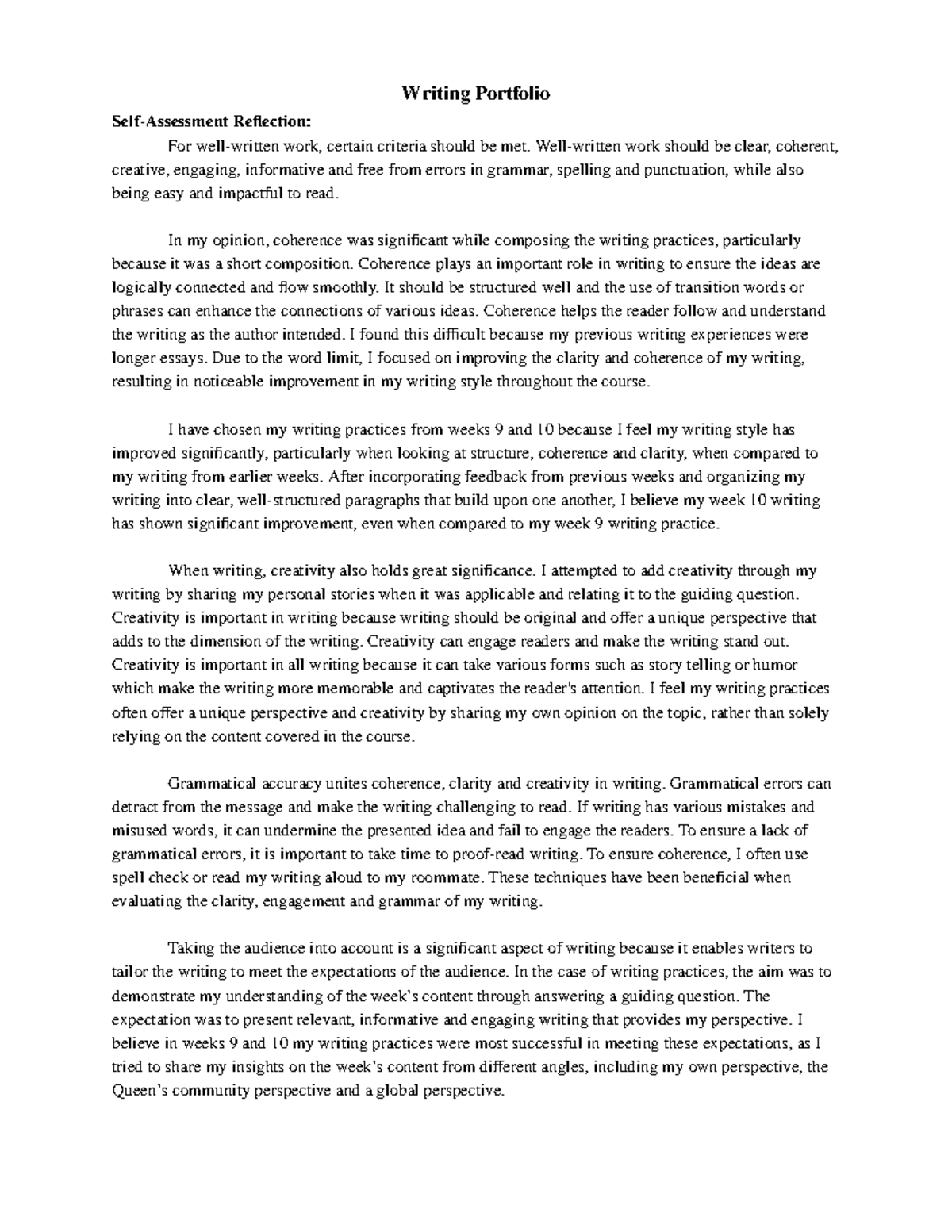 Writing Portfolio - Writing Portfolio Self-Assessment Reflection: For ...