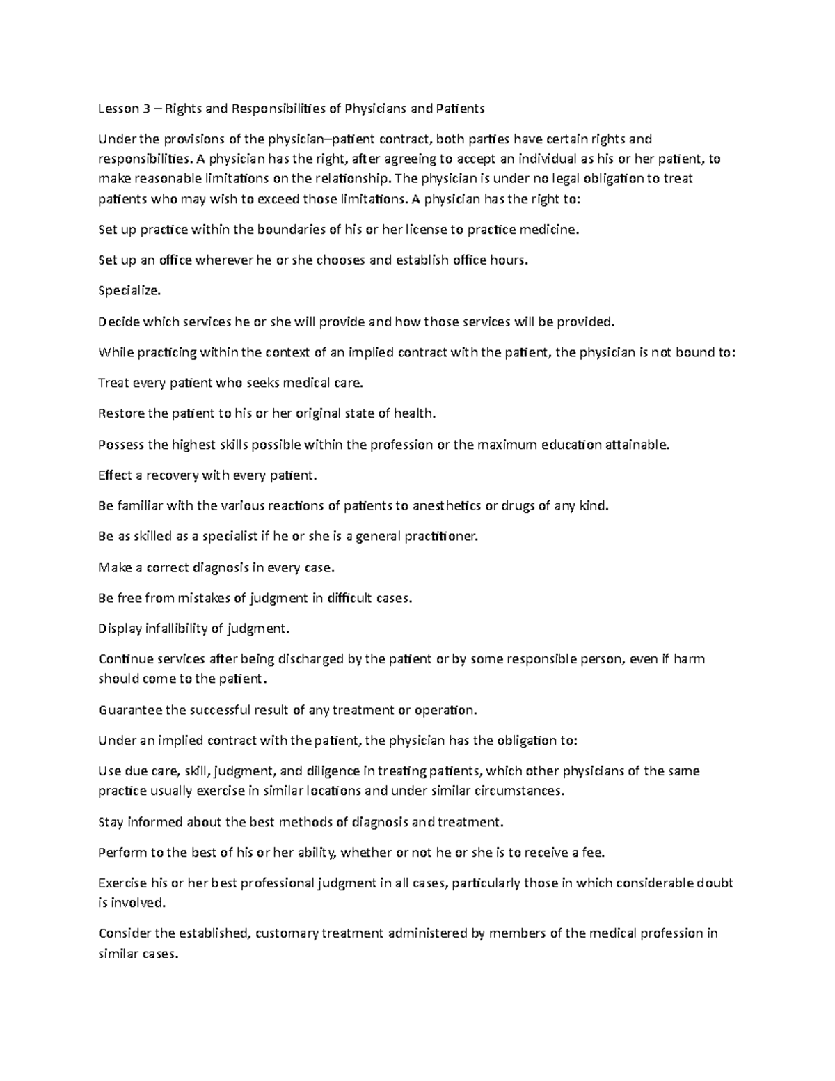 Lesson 3 – Rights and Responsibilities of Physicians and Patients ...