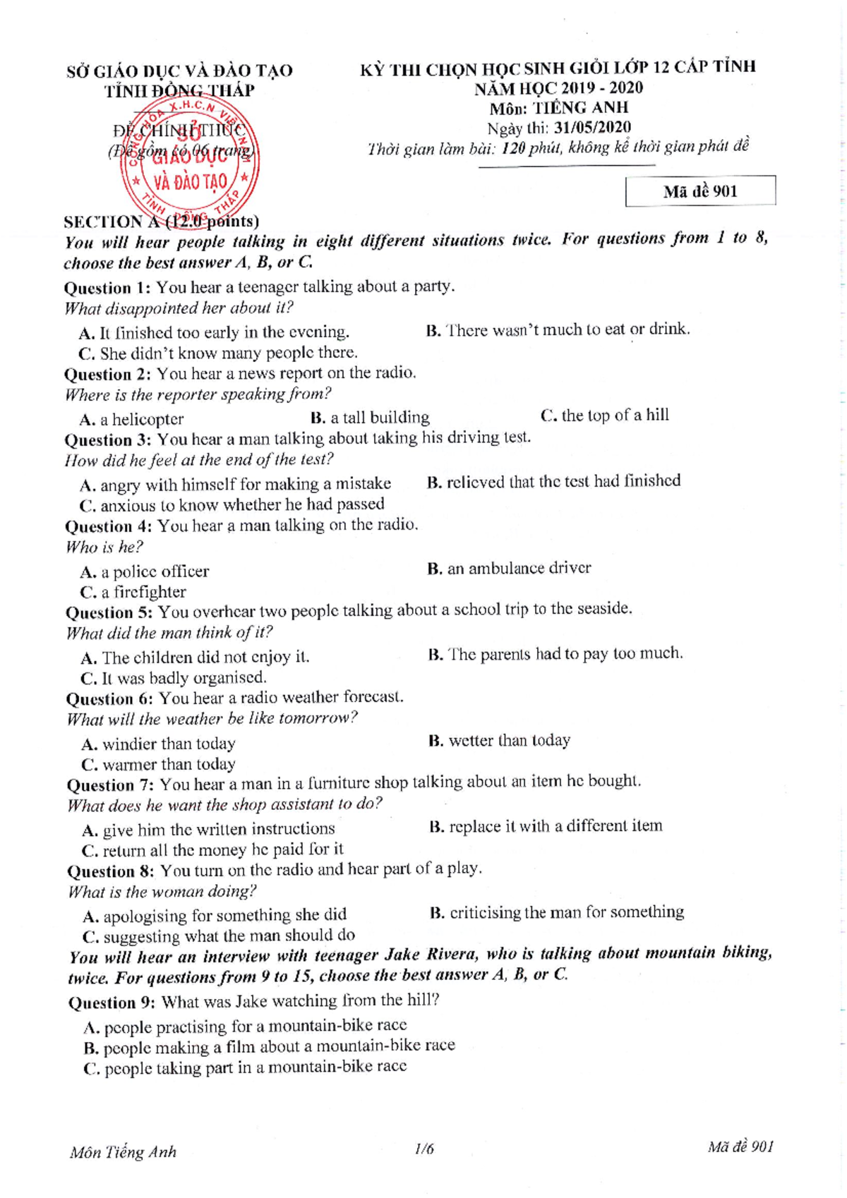 De thi hoc sinh gioi tieng anh 12 cap tinh nam 2019 2020 so gddt dong thap - Le Minh Giang - Studocu