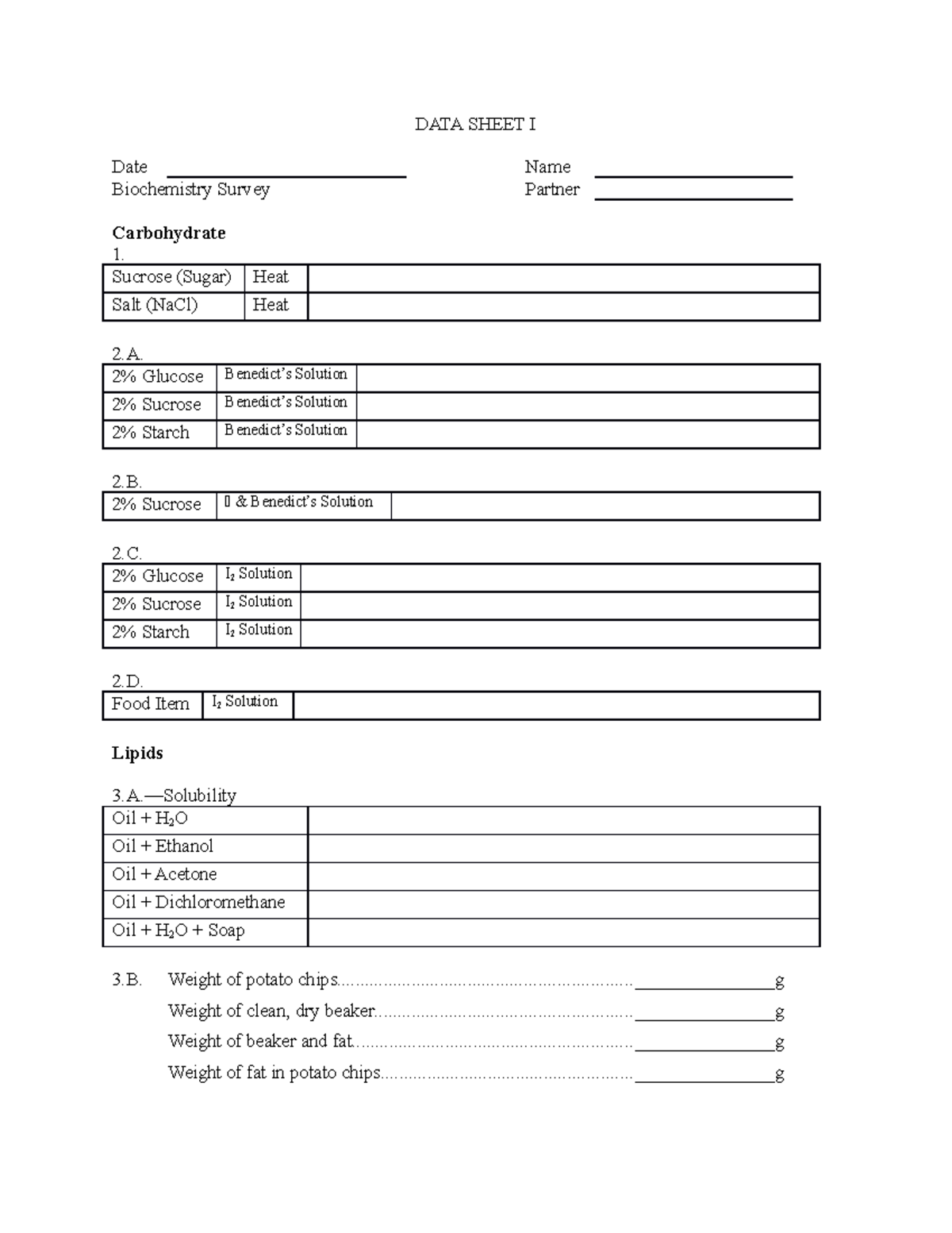 Biochemistry-Data-Sheet - DATA SHEET I Date Name Biochemistry Survey ...