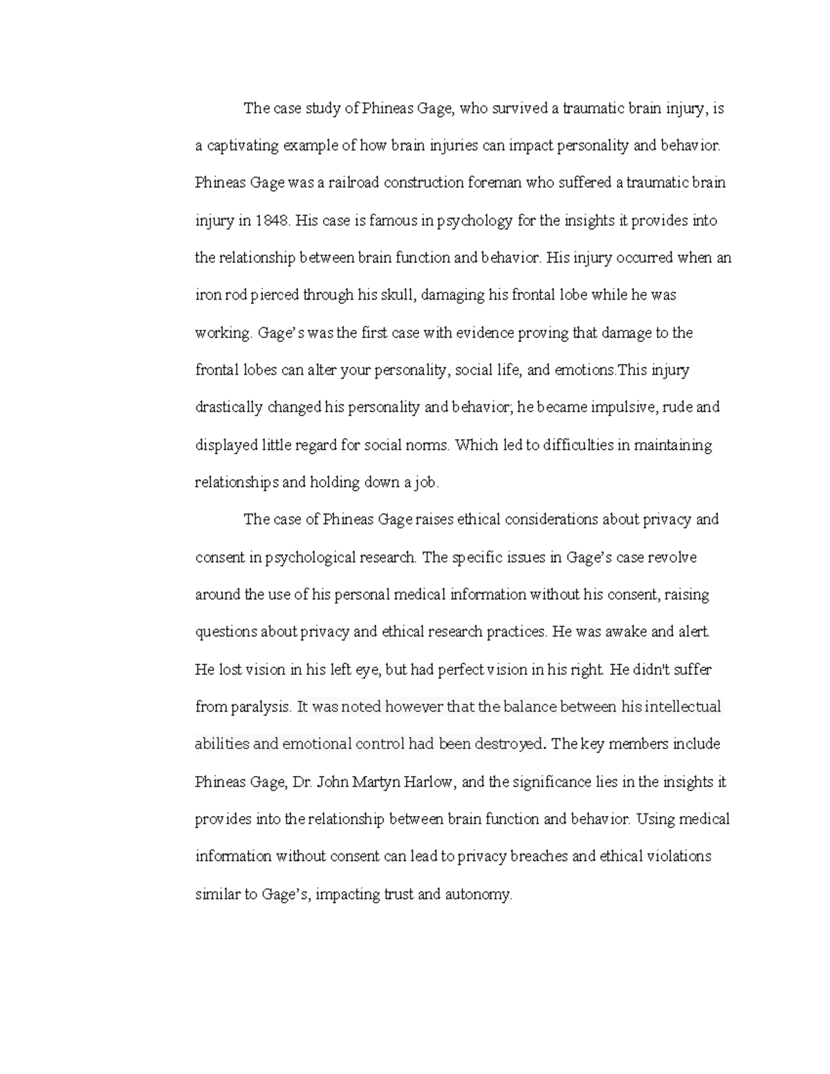 3-2 Project - The case study of Phineas Gage, who survived a traumatic ...