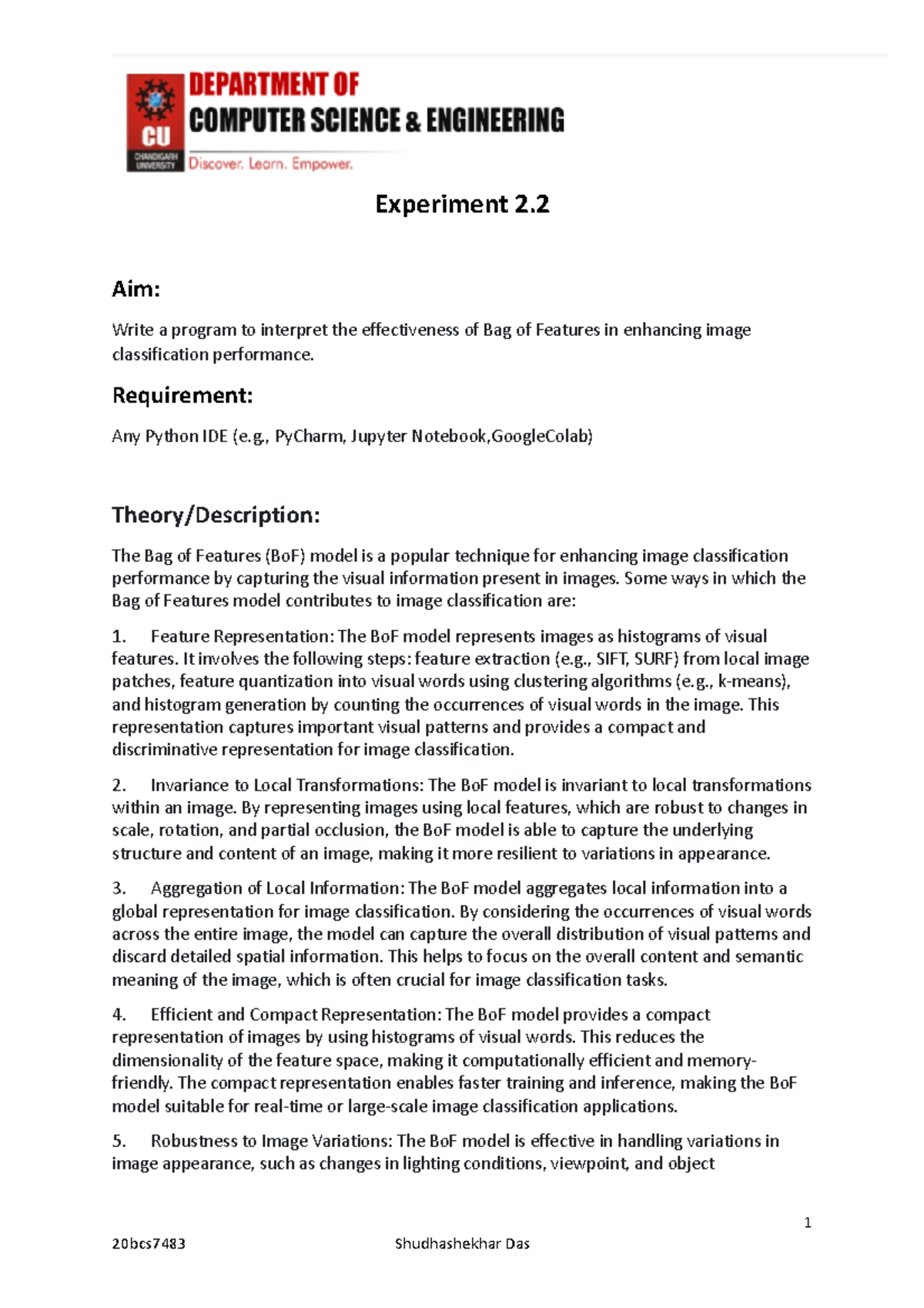 20bcs7483 shudhashekhar das cv2 2 - Experiment 2. Aim: Write a program ...