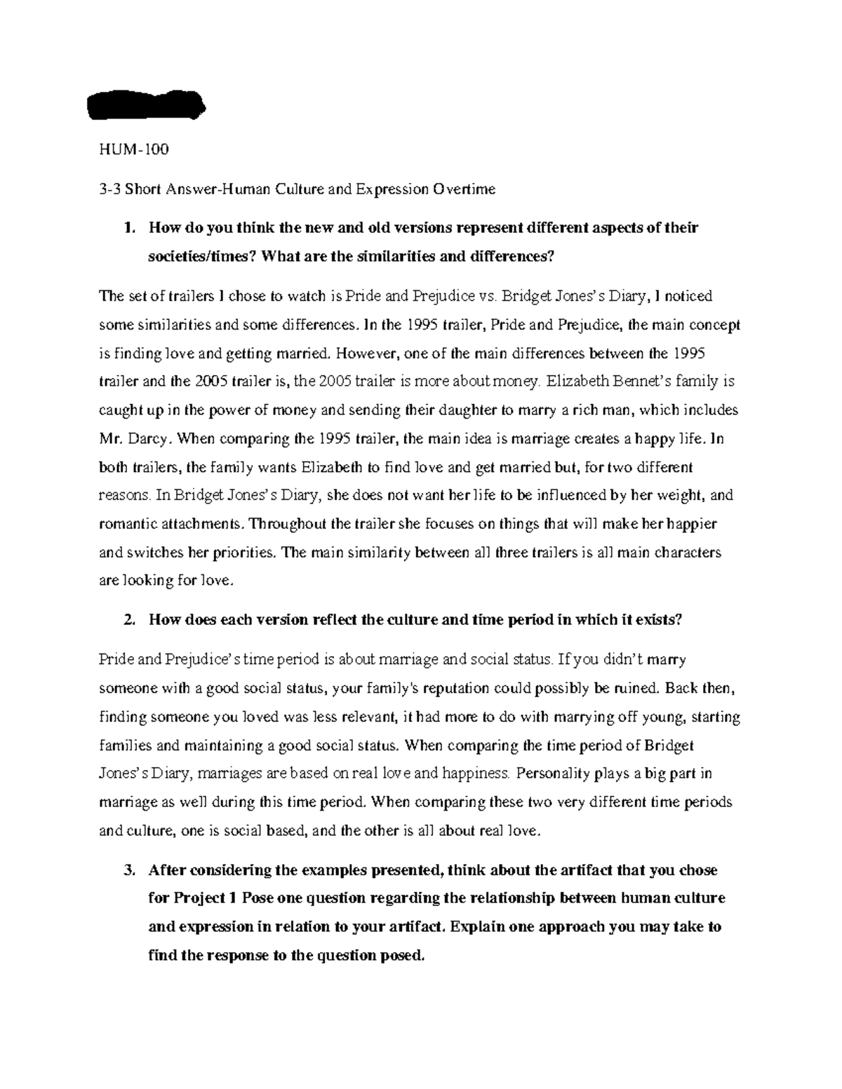 Hum 100 3-3 Short Answer - Siobhan Morris HUM- 3-3 Short Answer-Human ...