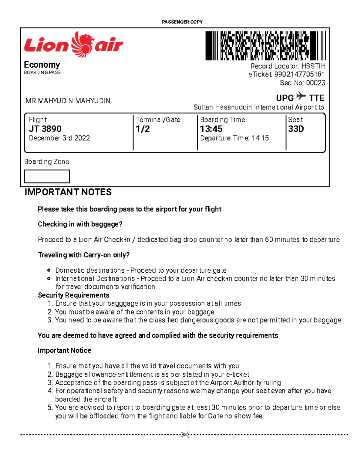 Confirmation Check-in - PASSENGER COPY Economy BOARDING PASS Record ...
