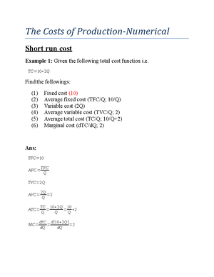 Costs of Production Numericals Questions - The Costs of Production ...