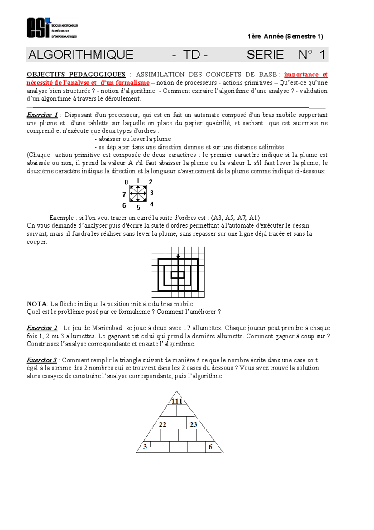 CPI serie 1 2019 2020 - Algorithm exercises - 1ère Année (Semestre 1) ALGORITHMIQUE - TD - SERIE ...