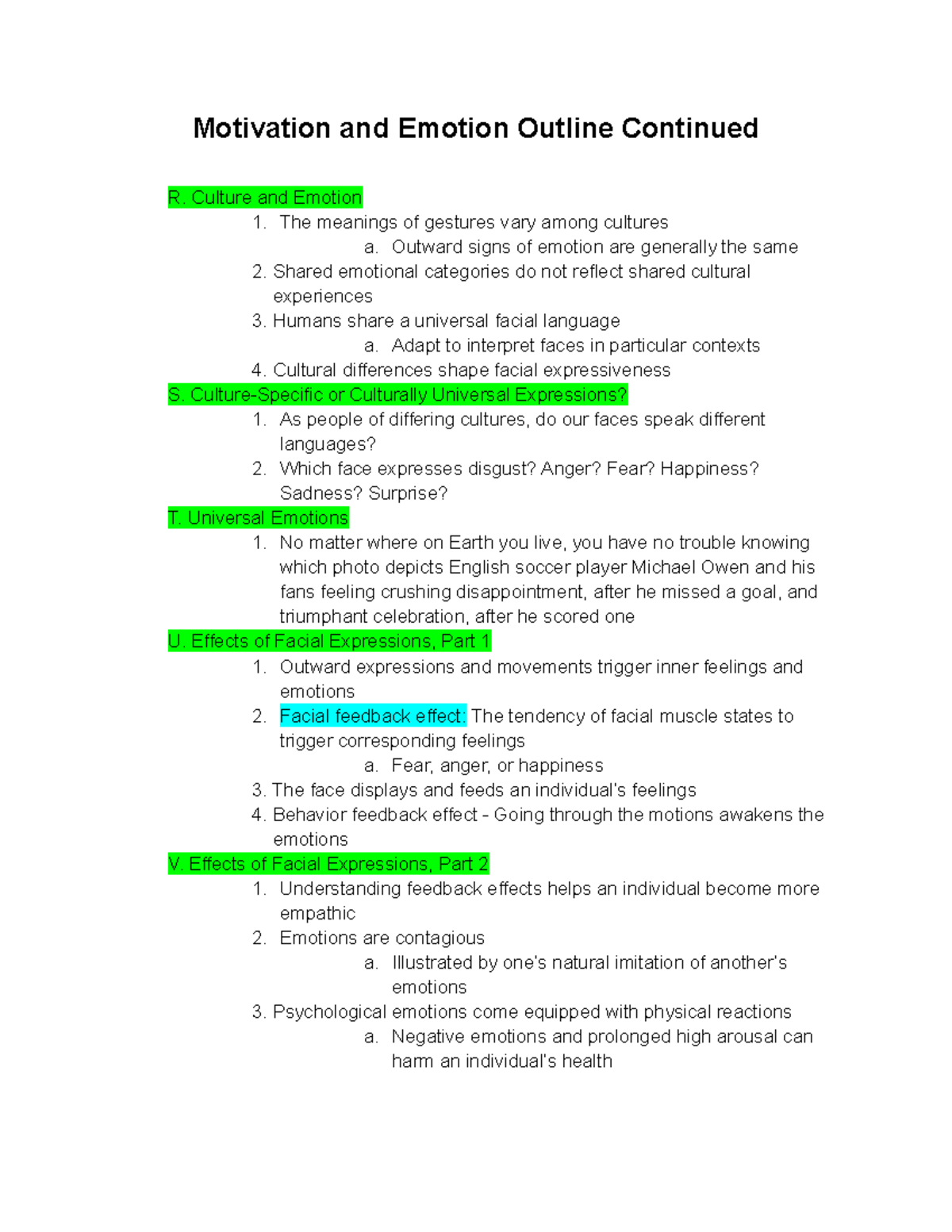 General Psychology-Motivation and Emotion Outline Notes Continued ...