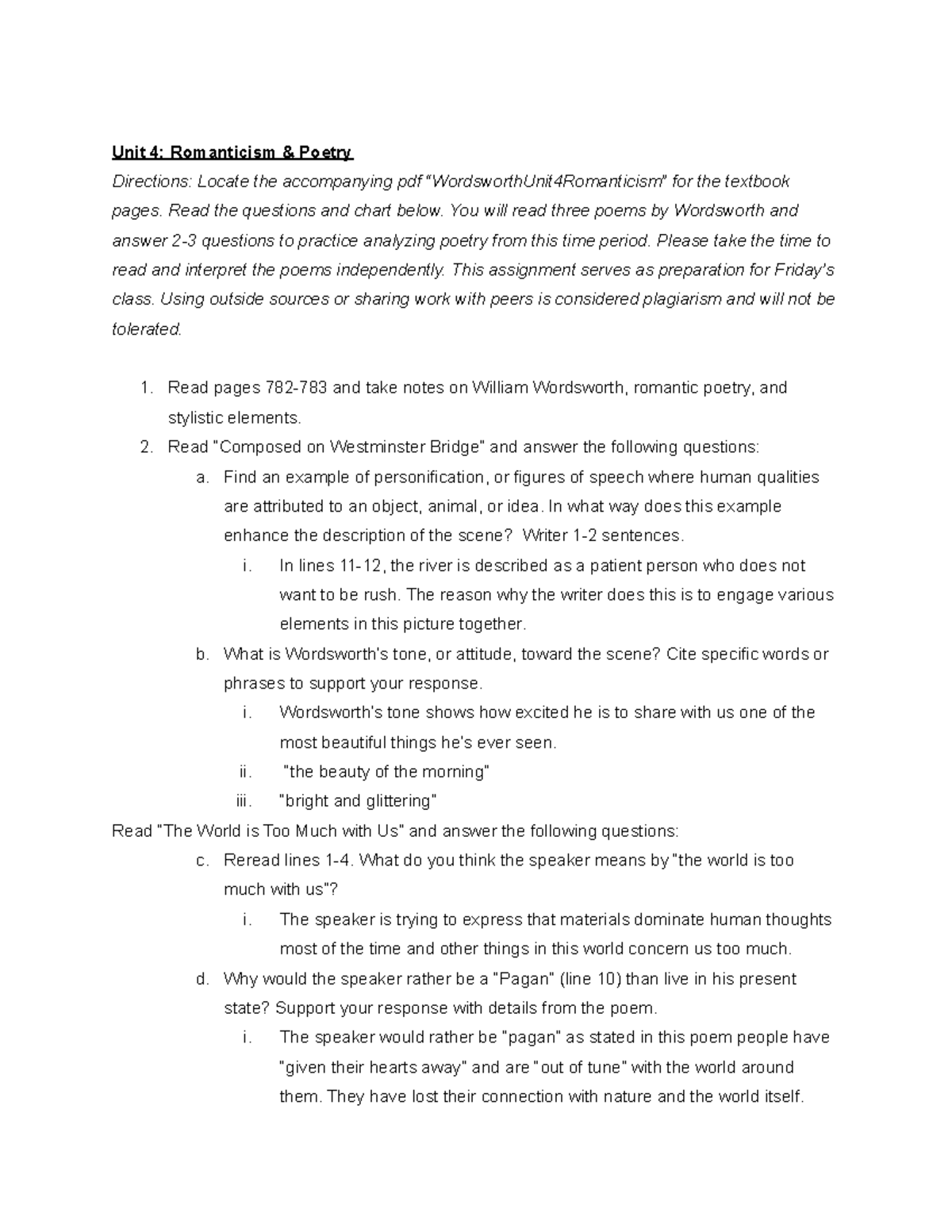 Wordsworth Worksheet 10 7 - Unit 4: Romanticism & Poetry Directions ...