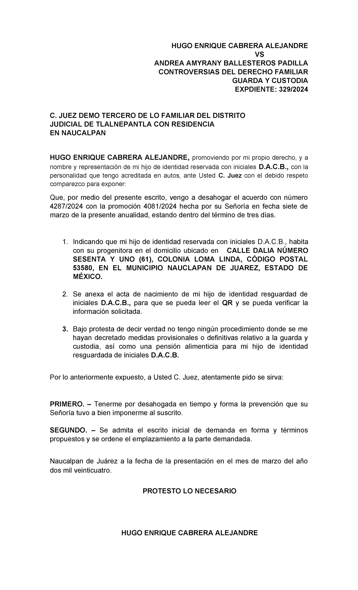 Desahogo de prevencion - HUGO ENRIQUE CABRERA ALEJANDRE VS ANDREA ...