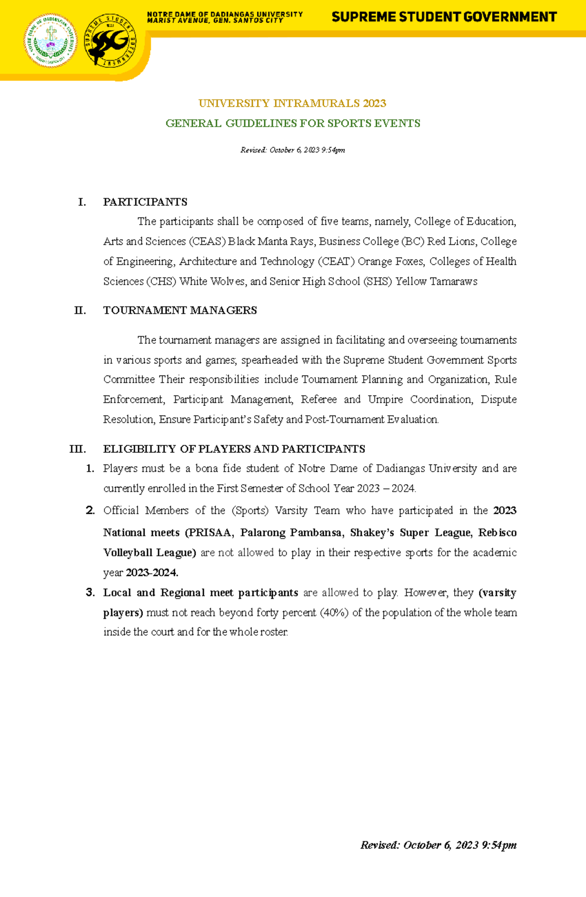 Intrams 2023 Guideliness for Sports Events - UNIVERSITY INTRAMURALS ...