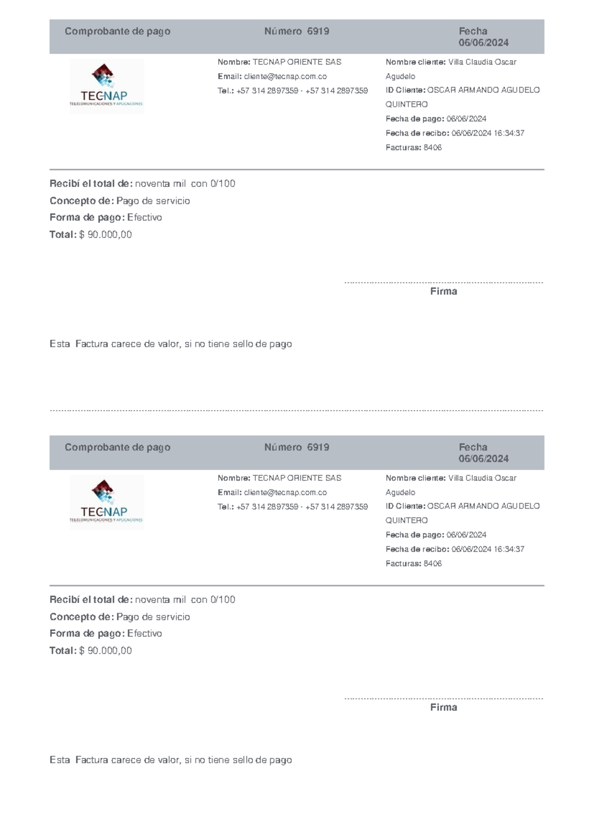 Pagos 06 06 2024 - jhvhj - Comprobante de pago Número 6919 Fecha 06/06 ...