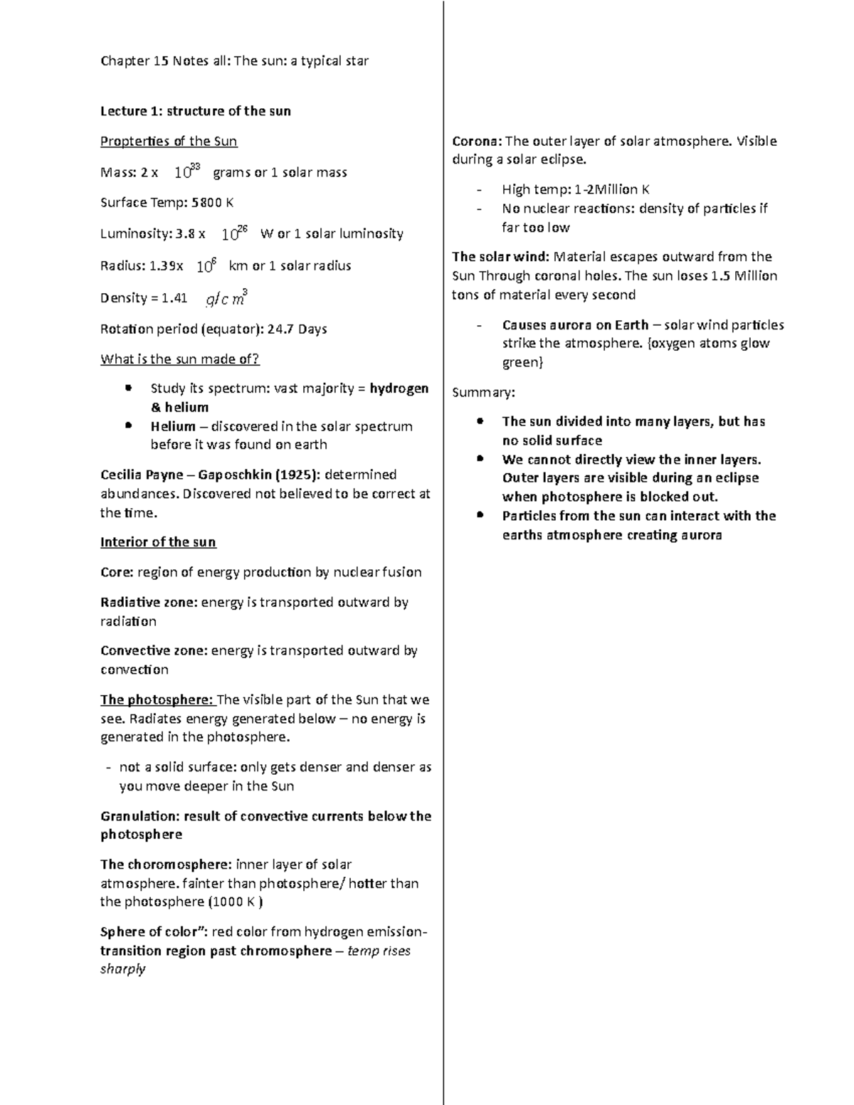 Chapter 15 notes - Chapter 15 Notes all: The sun: a typical star ...