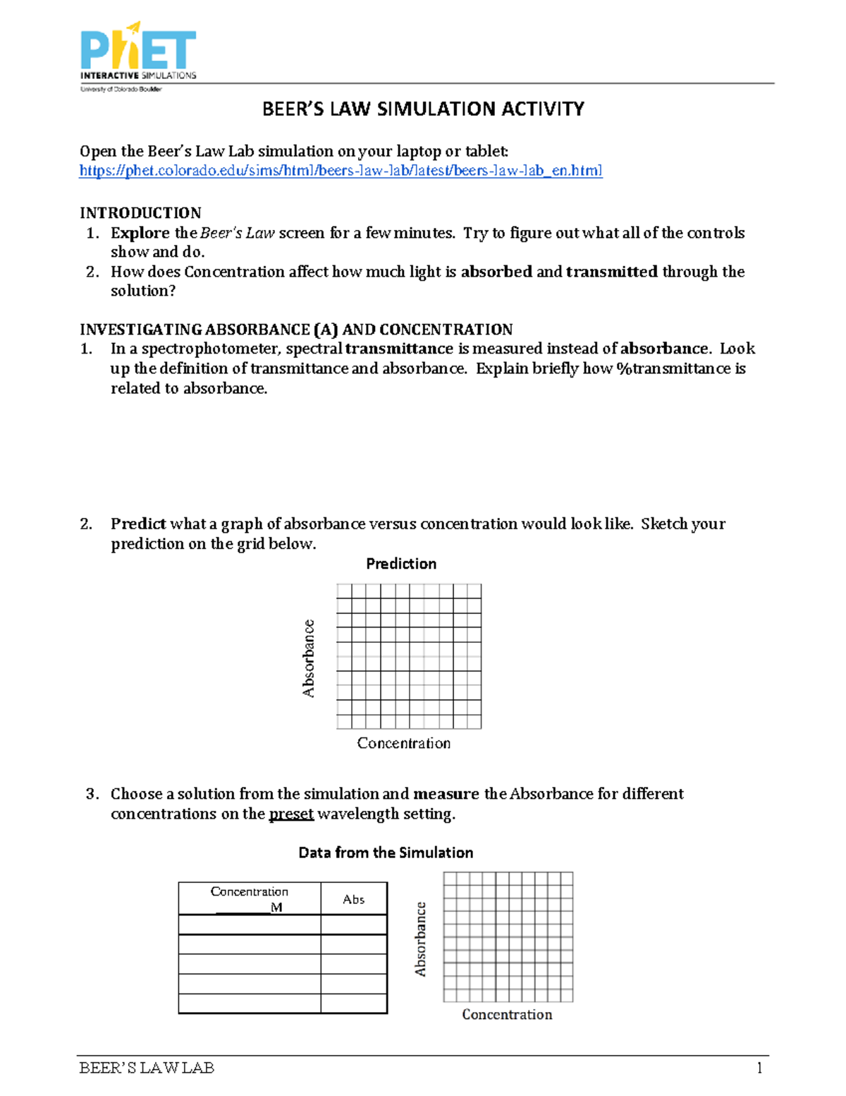 Beers Law Simulation Handout - BEER’S LAW LAB 1 BEER’S LAW SIMULATION ...