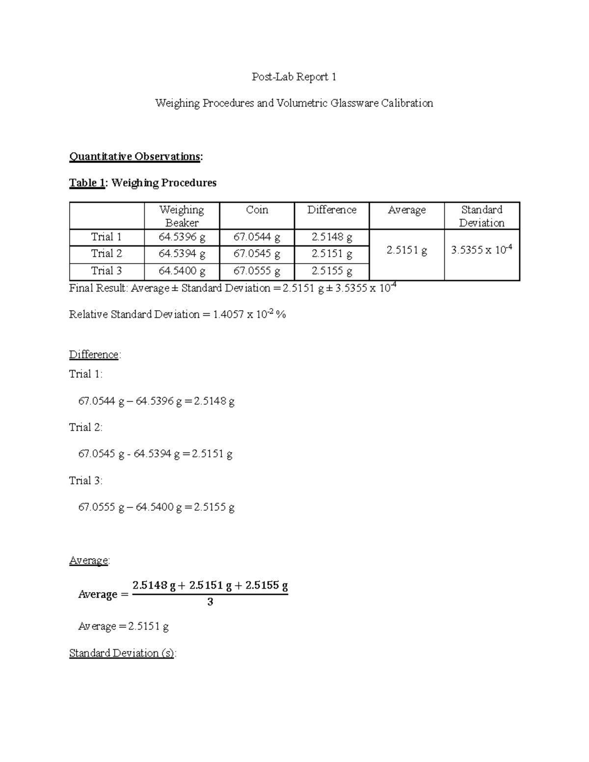Post-Lab 1 Report - 5151 g + 2. 5155 g 3 Average = 2 g Standard Deviation (s): 𝑠 = √ Σ ( x−x̅ ...