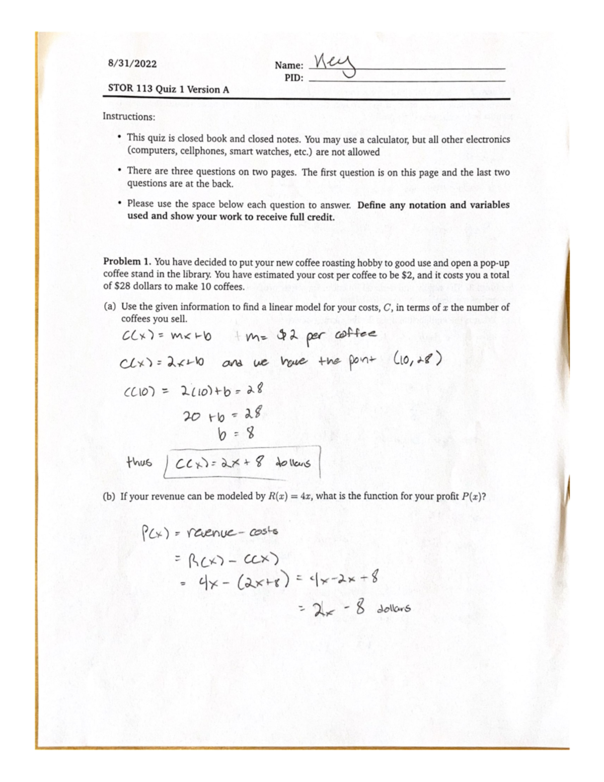 Quiz 1A Key F22 - Quiz Key - STOR 113 - UNC Chapel Hill - Studocu