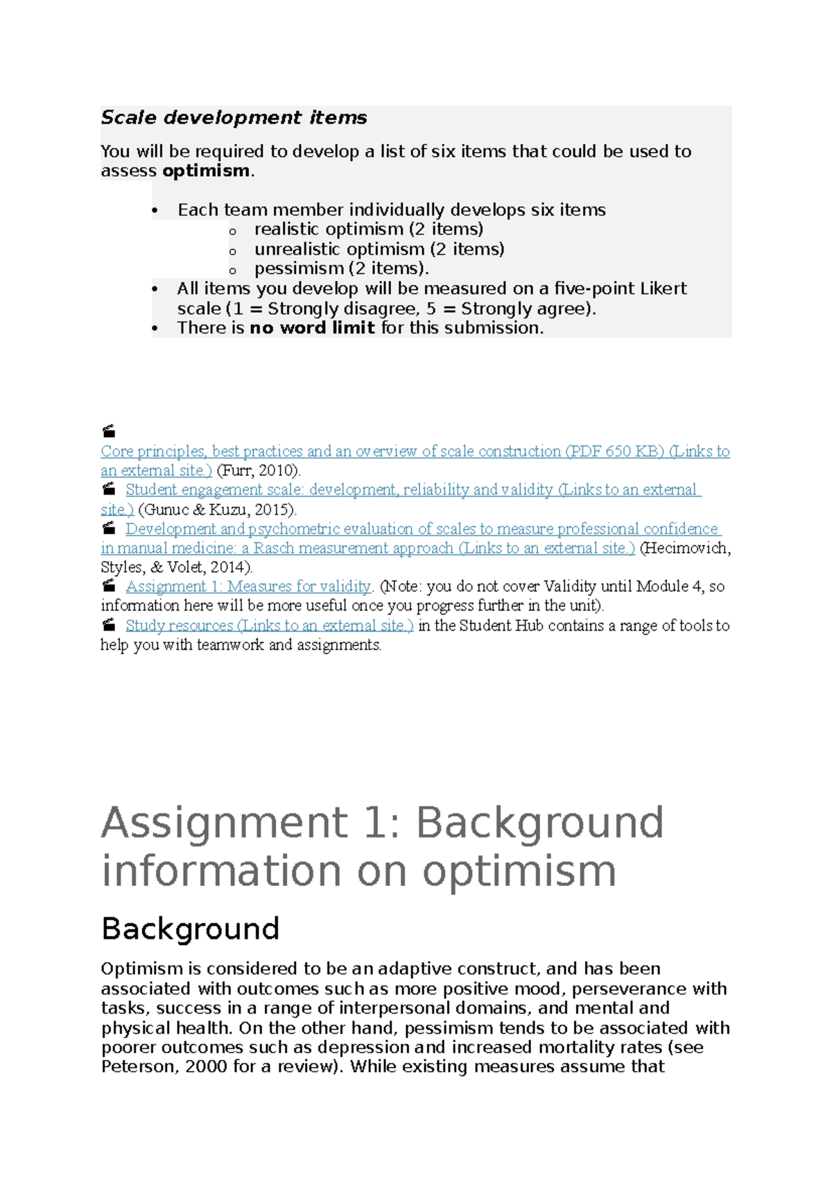 Assessment 1A - request on the background - provide extra information - Scale development items ...
